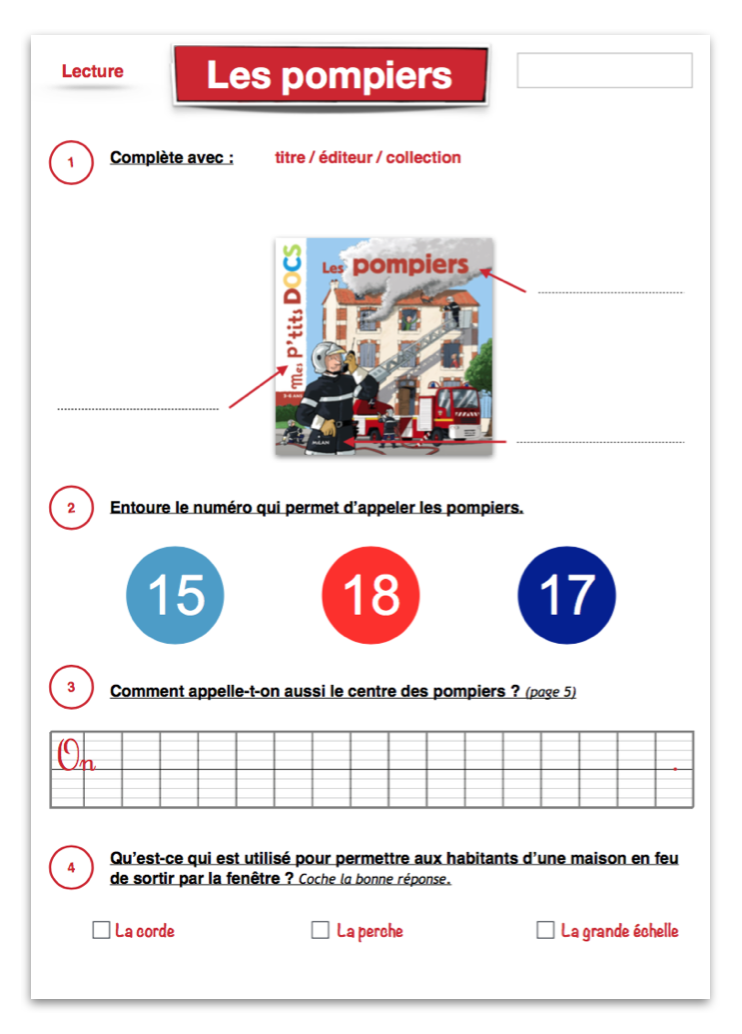 Les pompiers – Fiche de lecture documentaire – leblogducancre.com