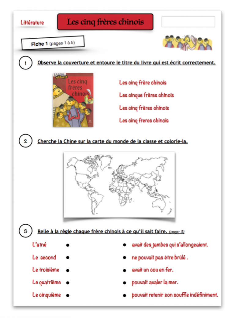 Les cinq frères chinois – Fiches de lecture CE1 – leblogducancre.com